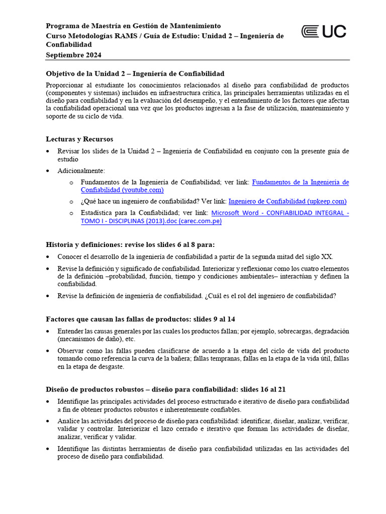 UC Metodologías RAMS - 2.Confiabilidad - Guía de Estudio 20240923 | PDF | Ingeniería de ...