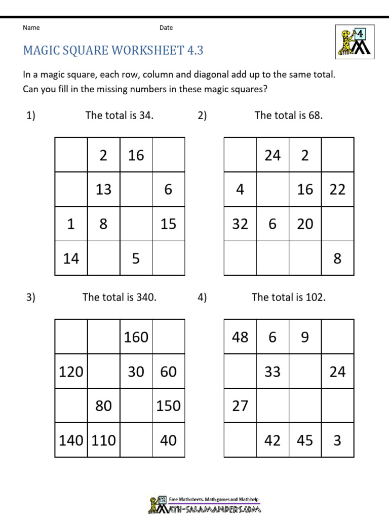 Magic Square Worksheets 4th 3 | PDF