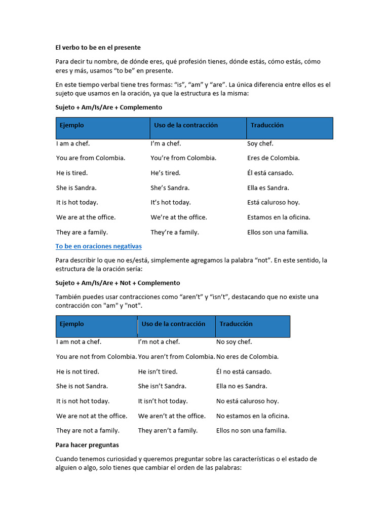 El Verbo To Be en El Presente | PDF