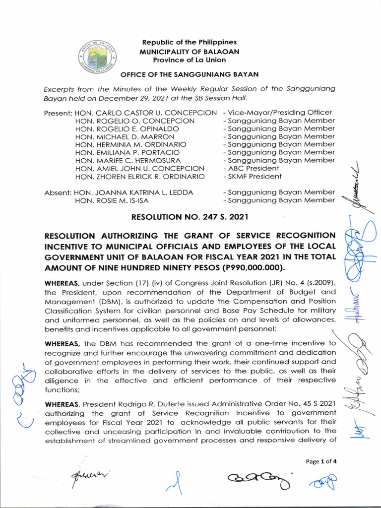Resolution 247 S. 2021 - Grant of Service Recognition Incentive To ...