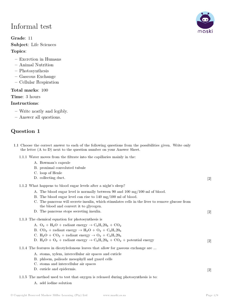 Informal Test 100 20241105130012 | PDF | Digestion | Kidney