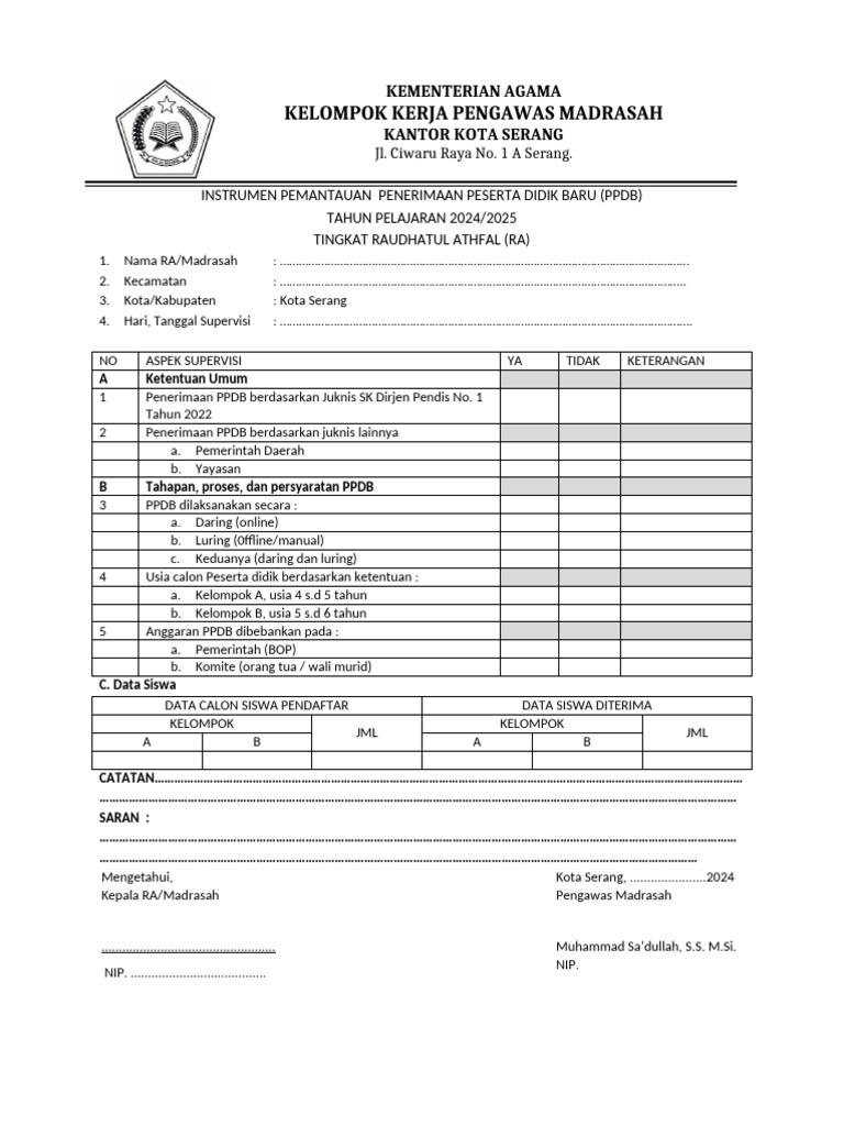 Instrumen PPDB RA Dan MI 22-23 | PDF