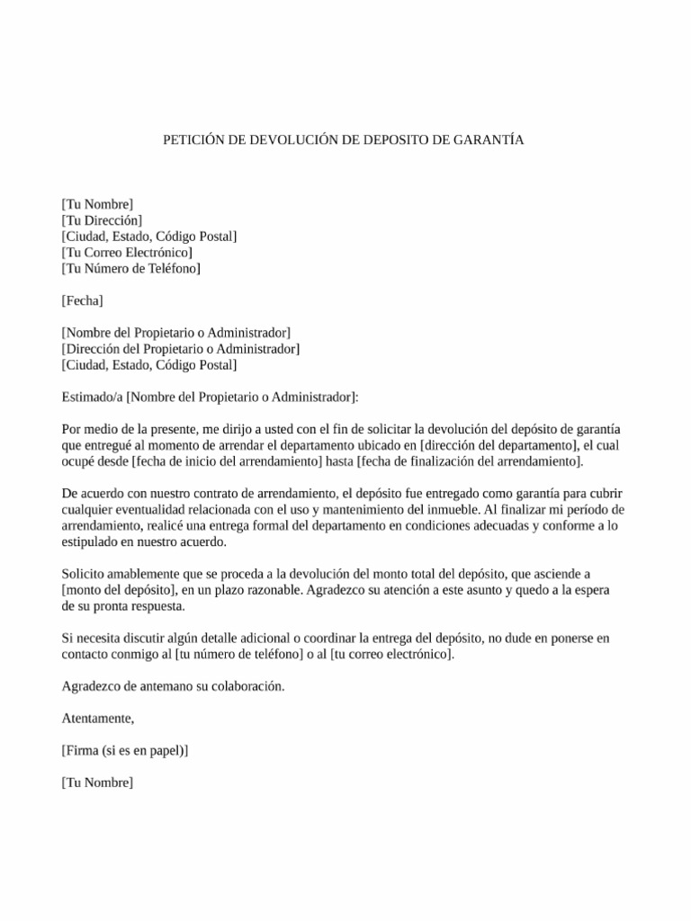 Petición de Devolución de Deposito de Garantía | PDF