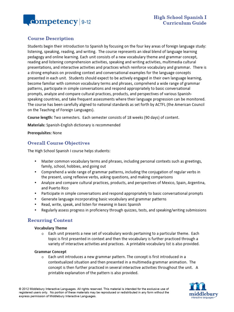 Spanish_1_Syllabus_TEKS | PDF | Reading Comprehension | Vocabulary