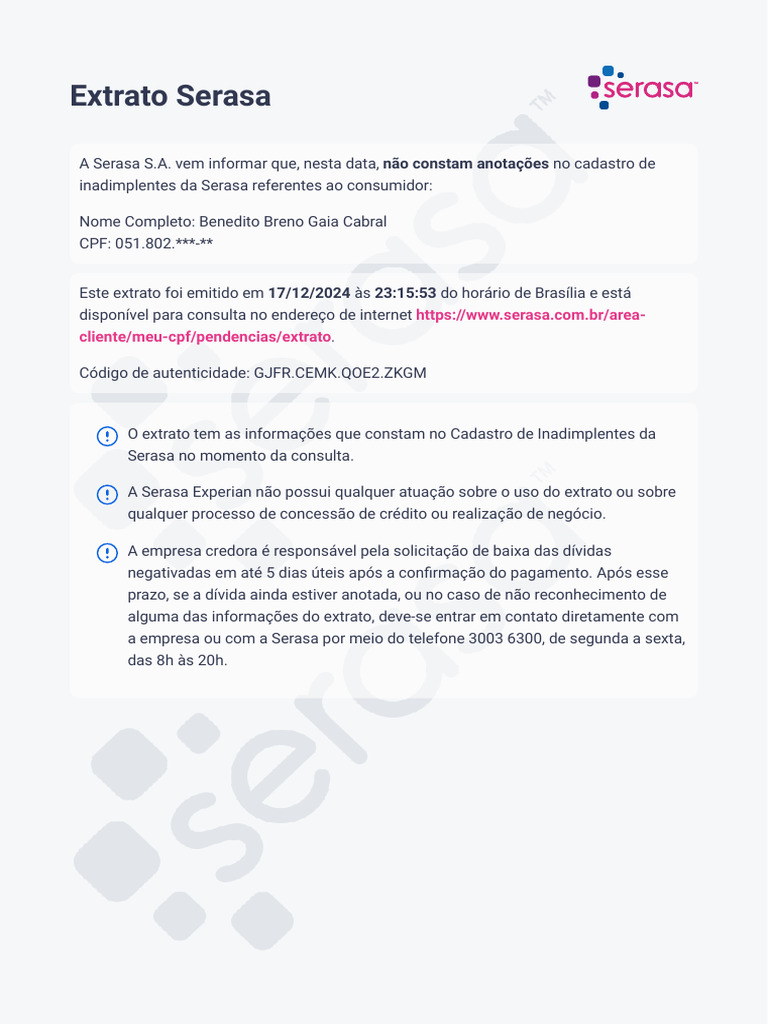 Extrato Serasa: Sem Inadimplências | PDF