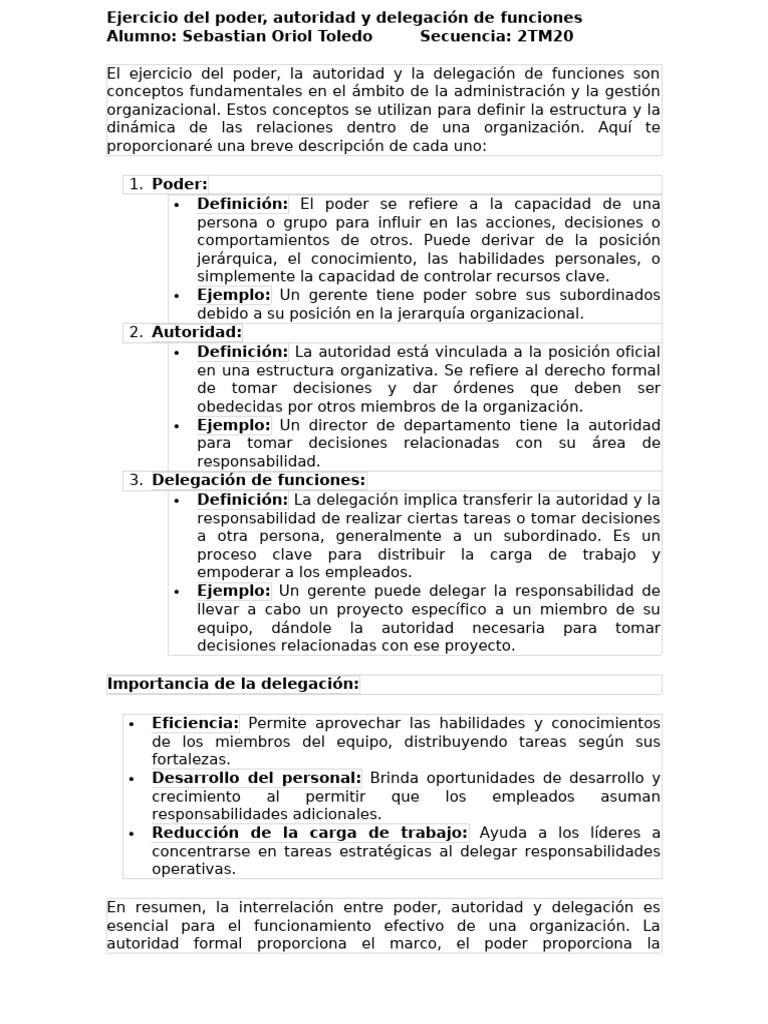 Ejercicio del poder, autoridad y delegación de funciones SOT | PDF ...