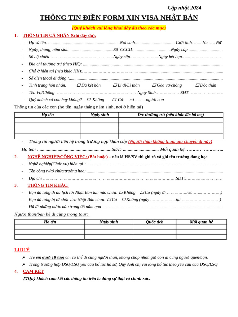THÔNG TIN ĐIỀN FORM XIN VISA NHẬT BẢN (CẬP NHẬT) | PDF