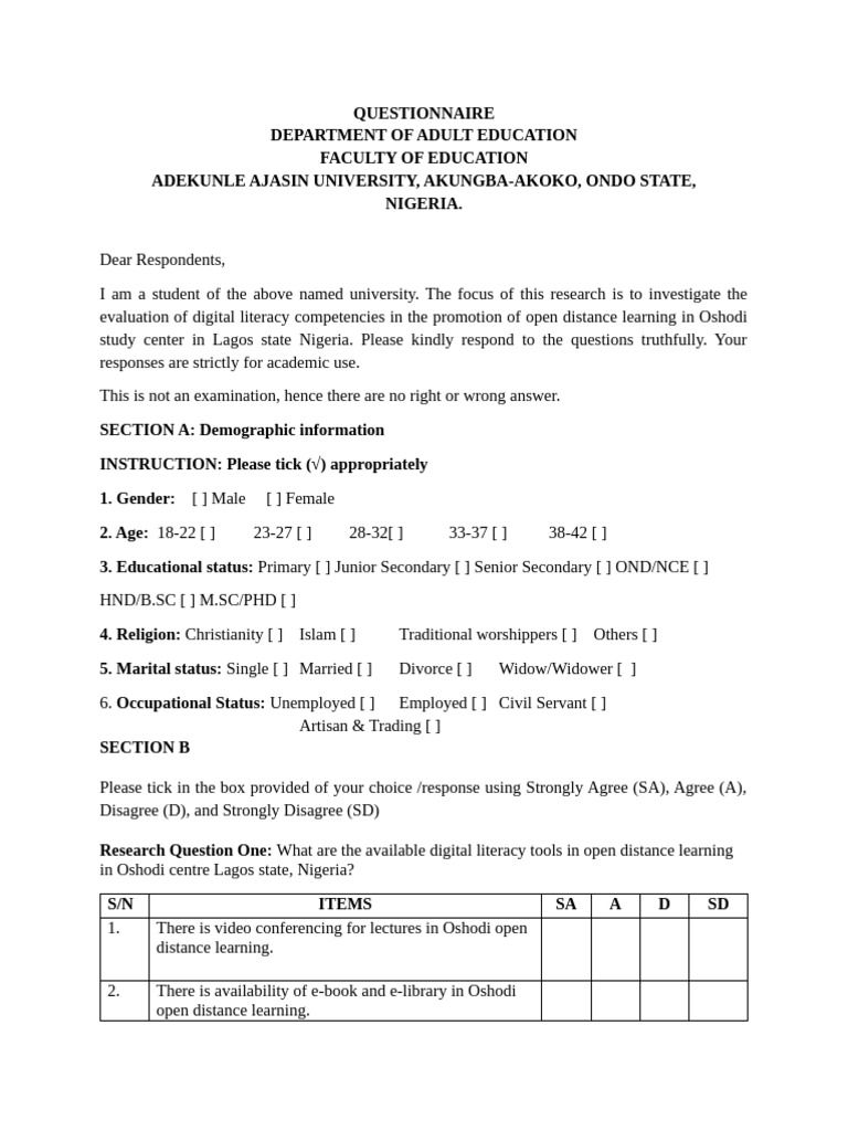 Questionnaire Odl | PDF | Distance Education | Educational Technology