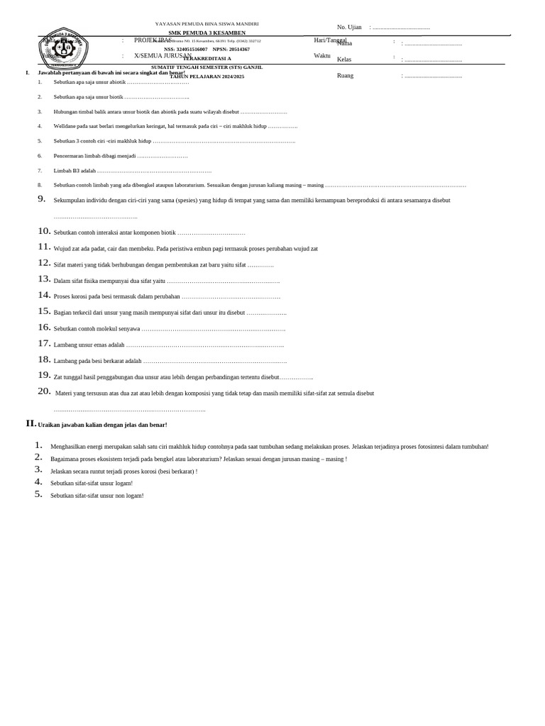 Soal Projek Ipas Uts Kelas X | PDF