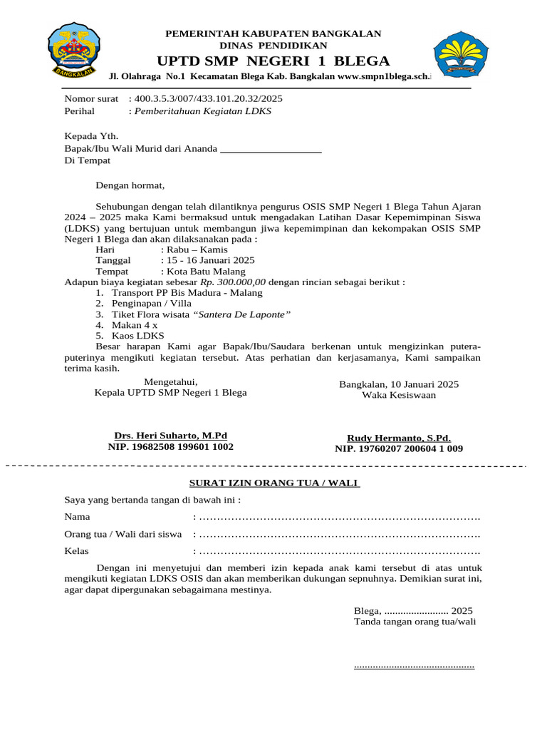 Surat Pemberitahuan Outing Class | PDF