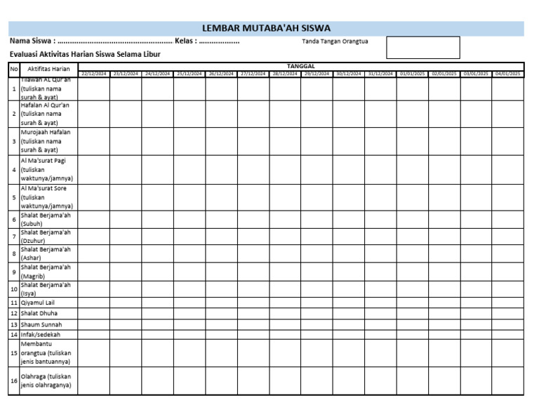 lembar mutabaah liburan | PDF
