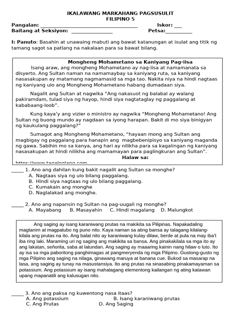 Q2 EXAM FILIPINO 5 Direct Reading W Key Answer | PDF