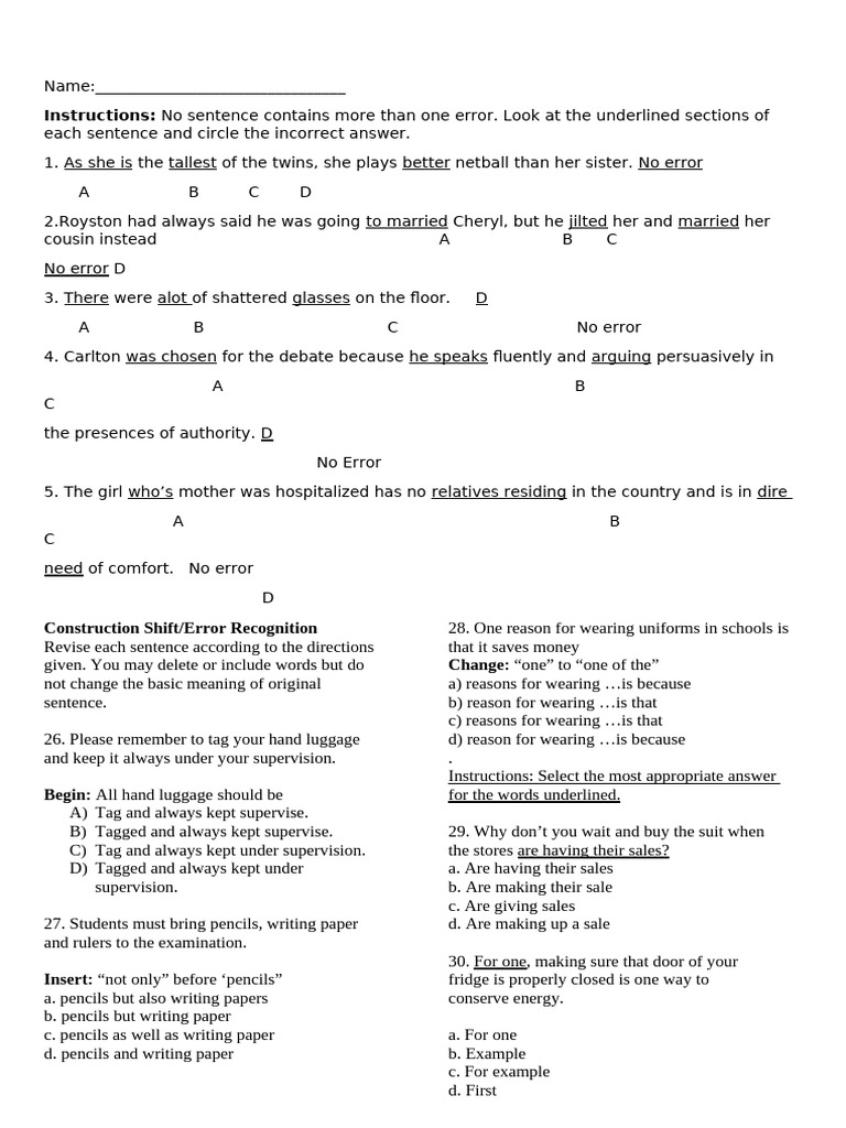 Grade 11 - Practice Construction | PDF