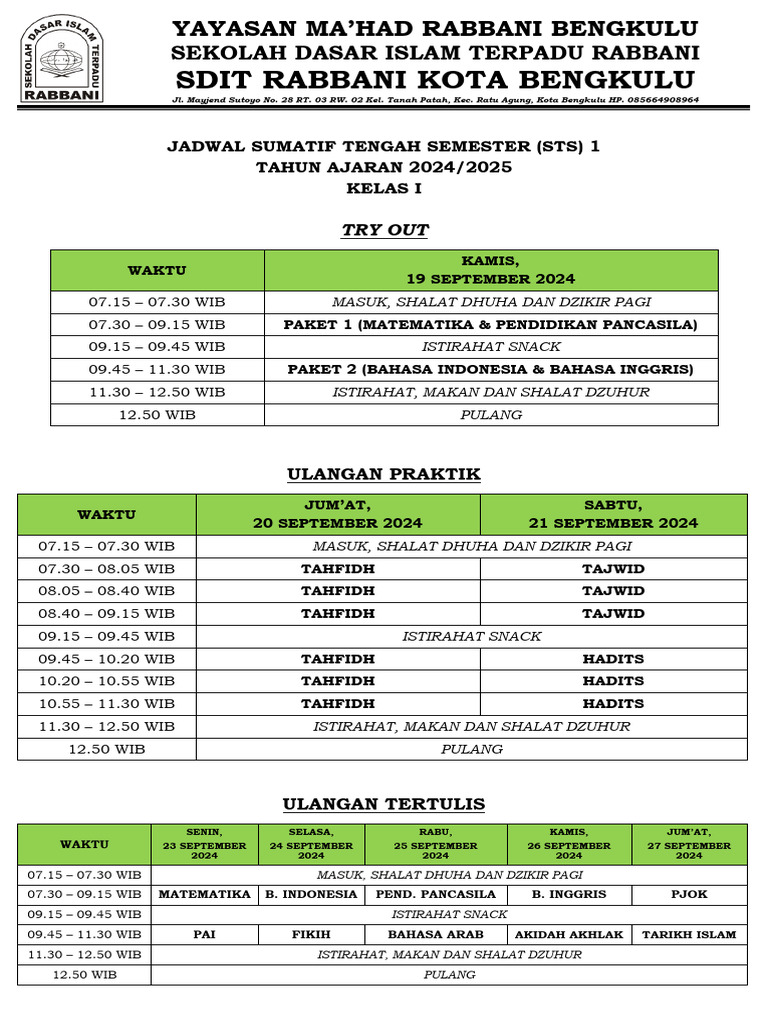 Jadwal STS 1 T.A 2024-2025 | PDF