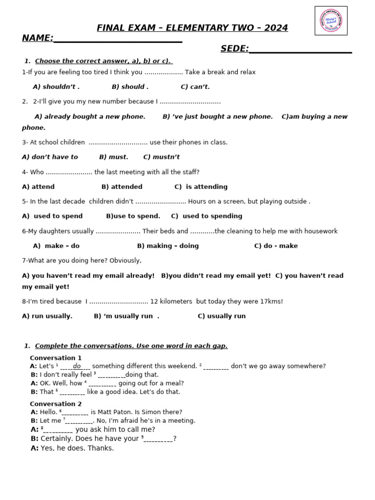 Final Exam: Elementary English 2024 | PDF