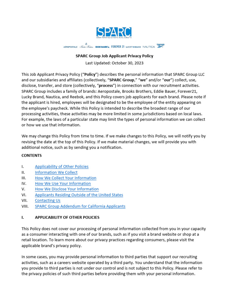 SPARC Group - Applicant Privacy Policy | PDF | Http Cookie | Background Check