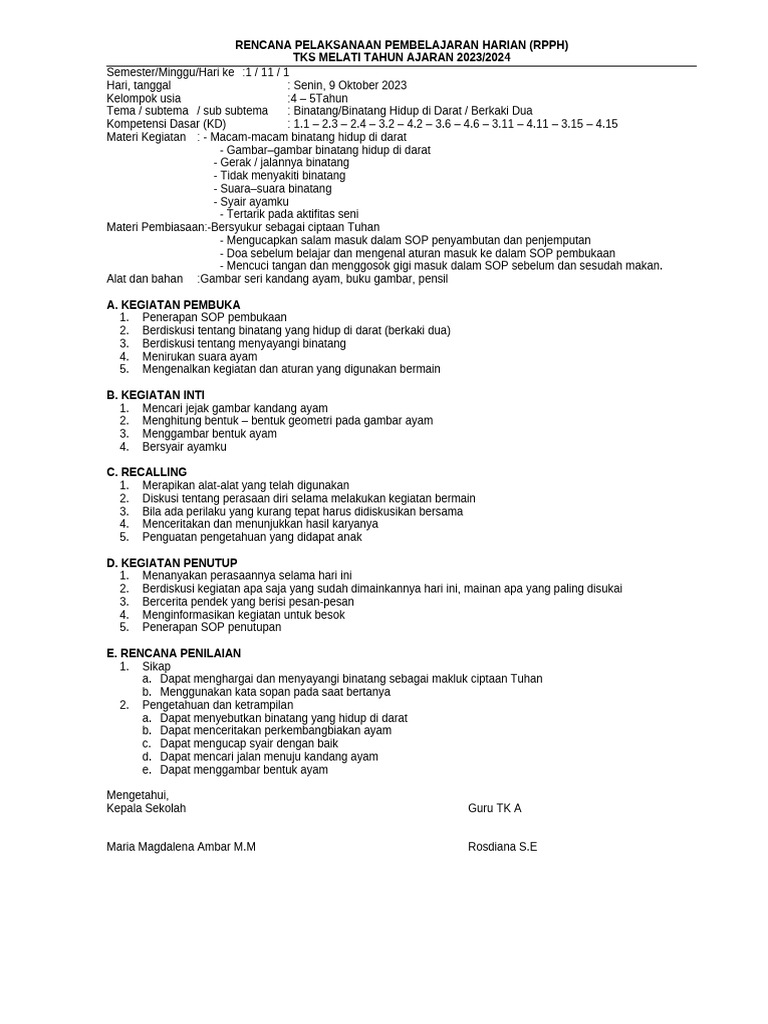 RPPH TK-A SMT1 Minggu_11 - Binatang Hidup di Darat | PDF