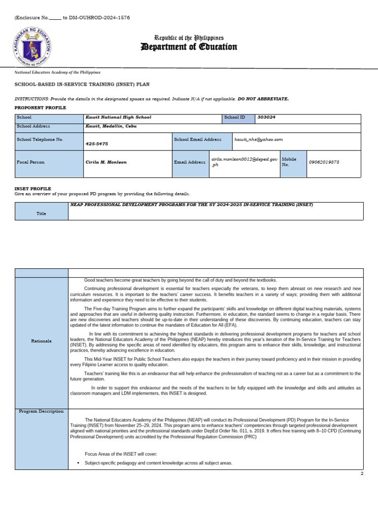 Detailed PD Program Design M E Plan Form and Budget Matrix MEDELIN MPRE INSET 2024 | PDF ...
