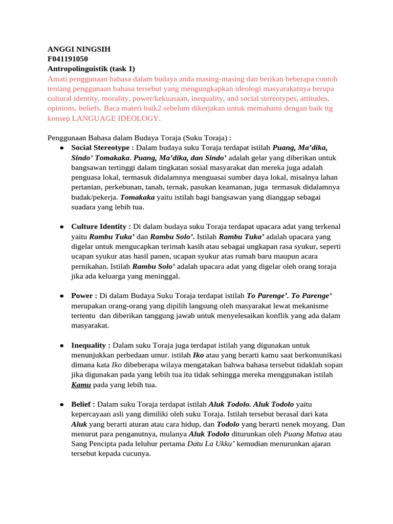 Antropolinguistik Task 1_ Anggi Ningsih_F041191050_ 2 | PDF