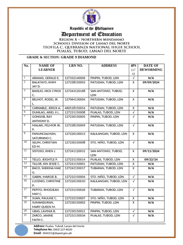 Grade 9 Diamond Deworming Record | PDF