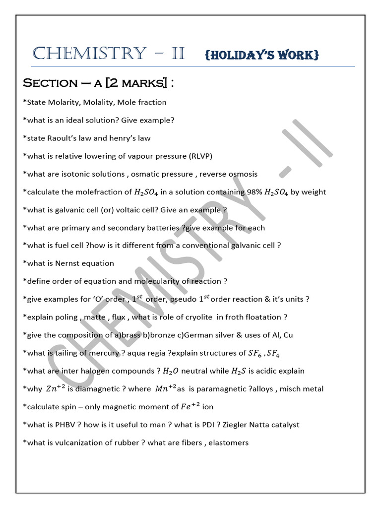 Chemistry 2nd Year 2 Marks Important | PDF | Chemical Reactions | Chemistry