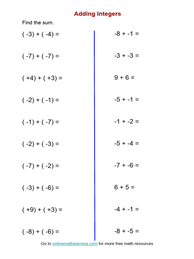 Adding Integers Worksheet1 | PDF