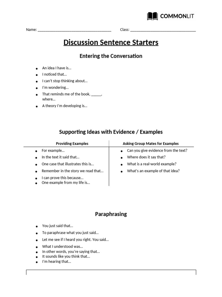 Discussion Sentence Starters Guide | PDF