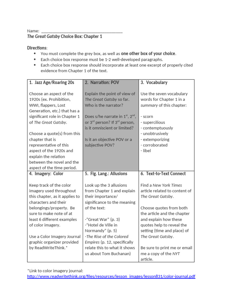 The Great Gatsby: Choice Box: Chapter 1 Directions One Other Box of ...