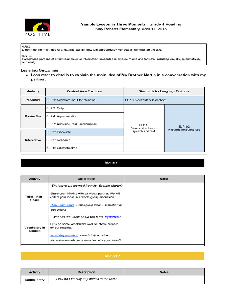Sample Lessons Three Moments Grade4 Reading | PDF | Vocabulary | Thought