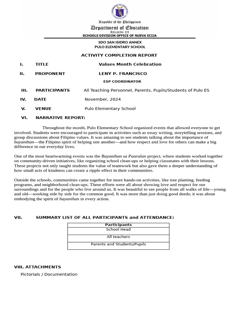 Acr Esp Values Month Celebration Pulo Es | PDF