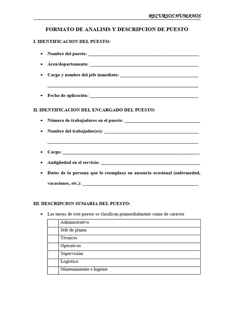 Formato de Analisis y Descripcion de Puesto PDF | PDF