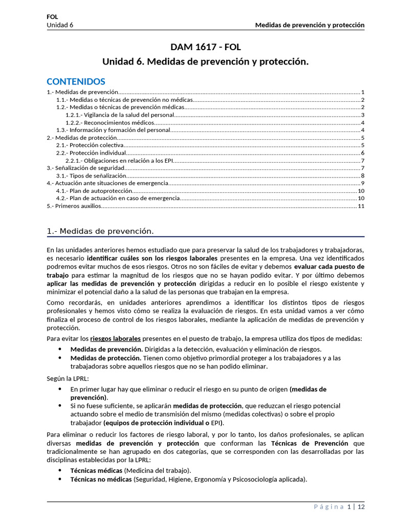 FOL Tema 6 Resumen - Medidas de Prevención y Protección | PDF | Defensa Civil