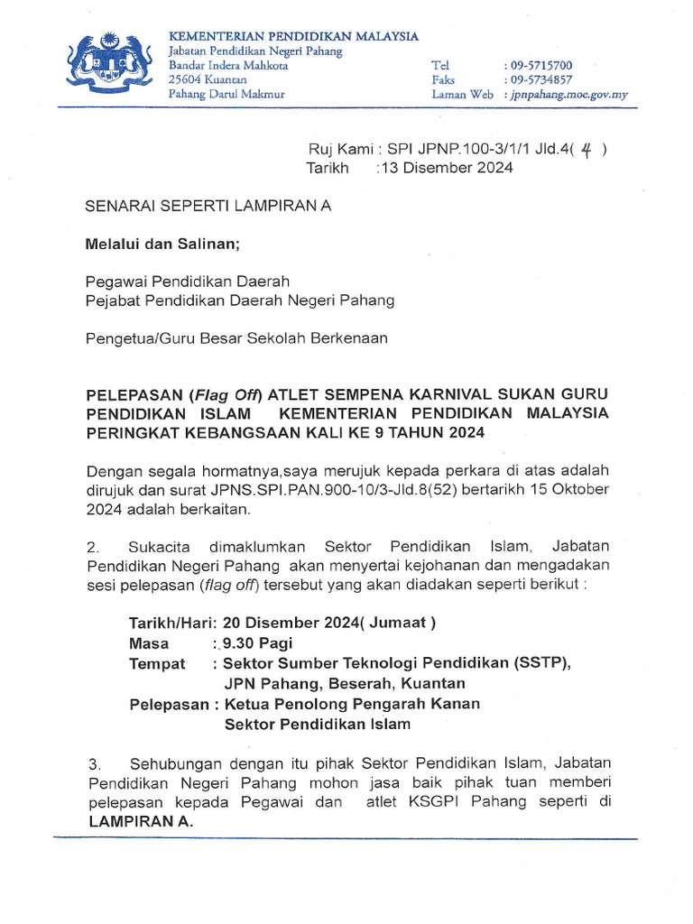 Surat Pelepasan (Flag Off) Sukan Ksgpi | PDF