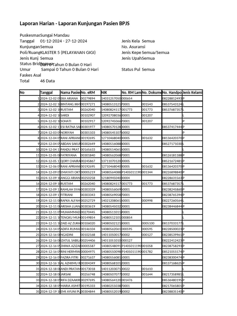 Laporan Harian - Laporan Kunjungan Pasien BPJS (10) | PDF