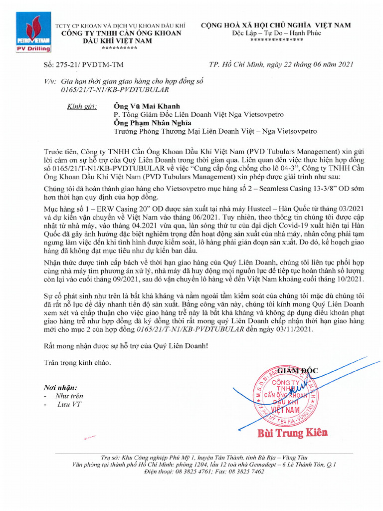 Letter To VSP For Delivery Extension - 275-21-PVDTM-TM | PDF