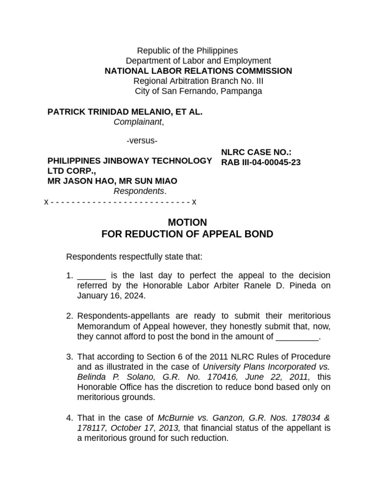 Draft Motion to Reduce Appeal Bond_Melanio | PDF | Appeal | Common Law