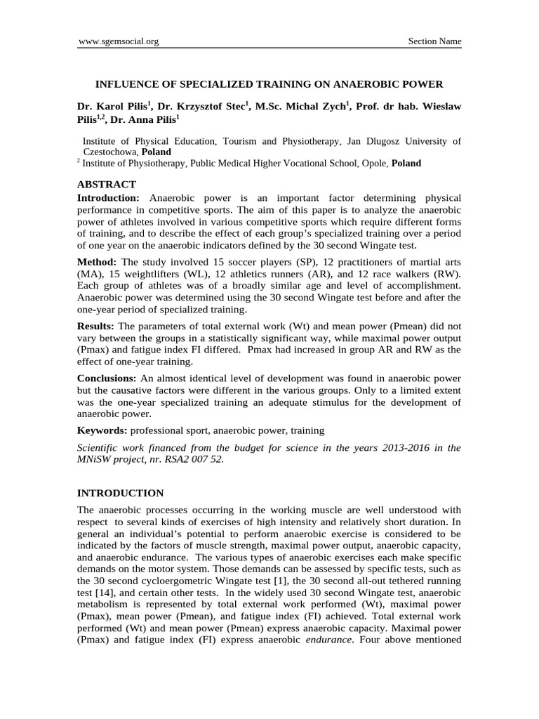 Specialized Training Effects on Anaerobic Power | PDF | Endurance | Mean