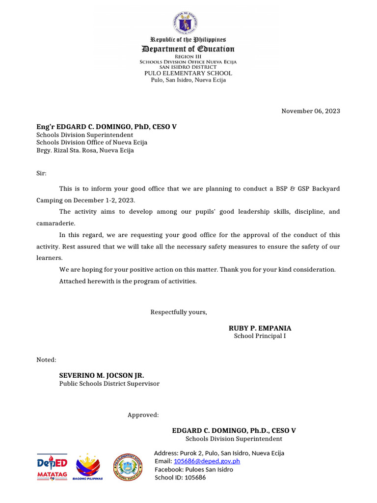 Pulo Es Backyard Camping Request Letter | PDF