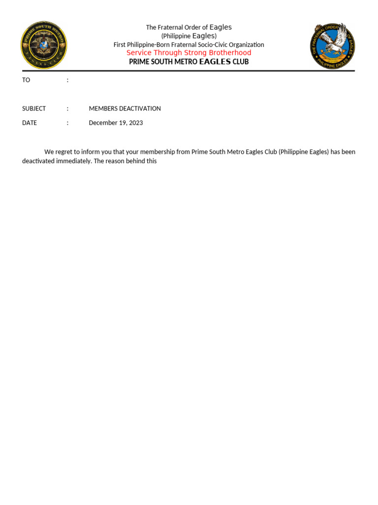 Membership Deactivation Notice - Eagles Club | PDF