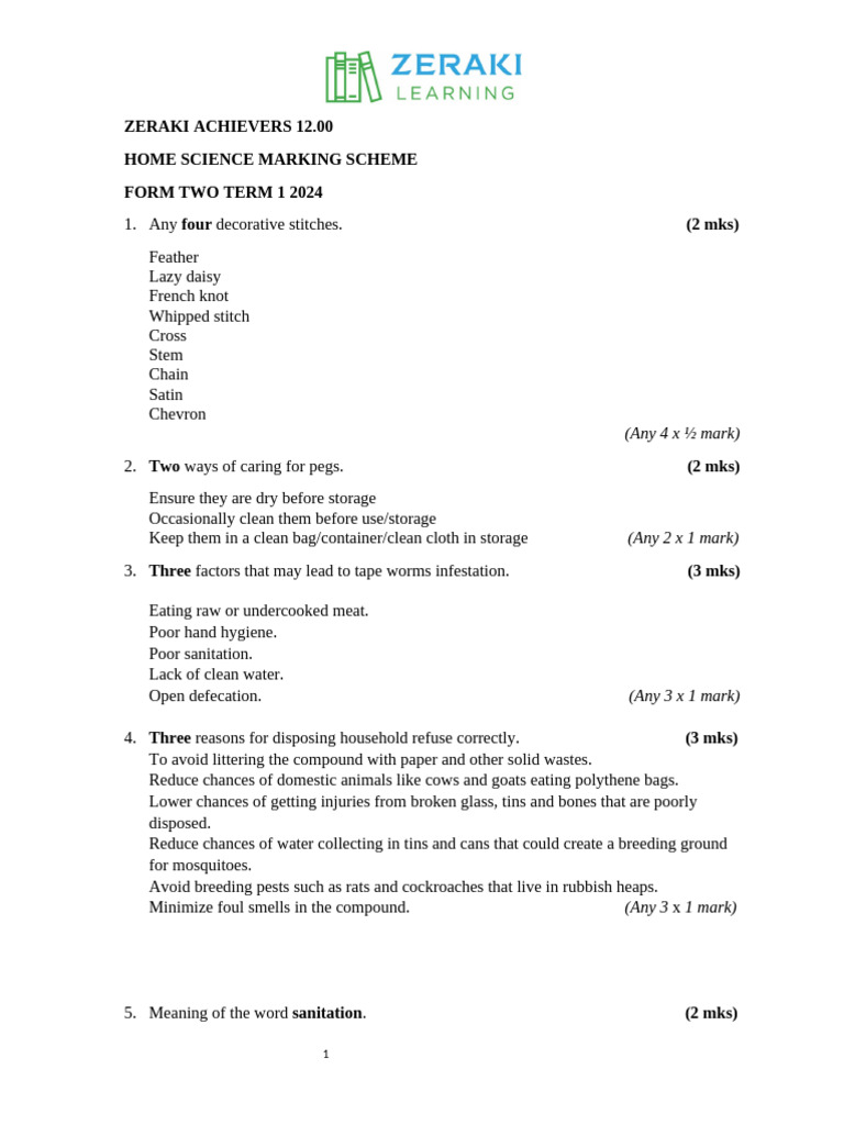 Home Science - Marking Scheme | PDF | Hygiene | Drinking Water