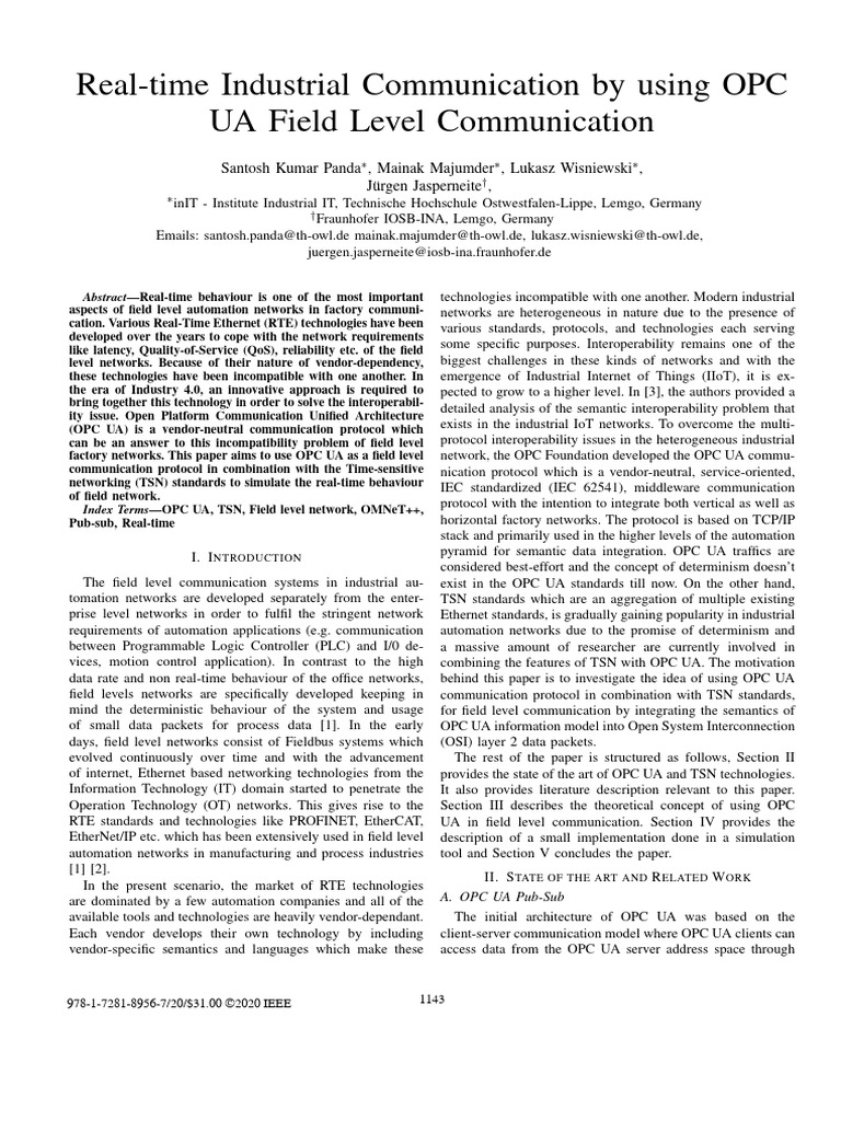 Real-Time Industrial Communication by Using OPC UA Field Level ...