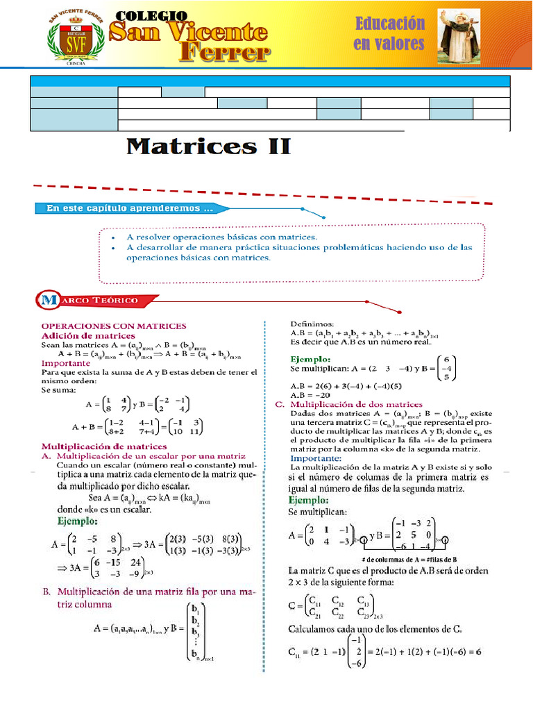 05 DICIEMBRE MATRICES II 3RO ALGEBRA | PDF