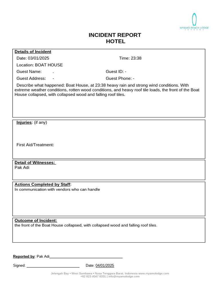 Contoh Incident Report HOTEL | PDF