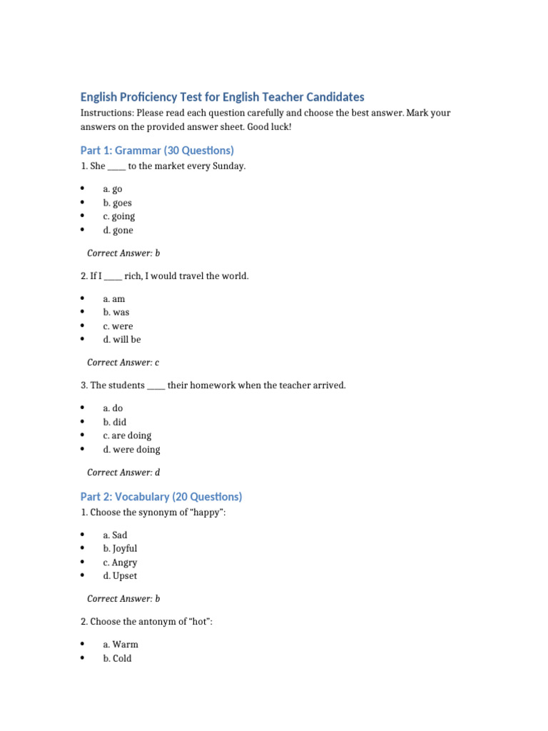 English Proficiency Test for Teachers | PDF