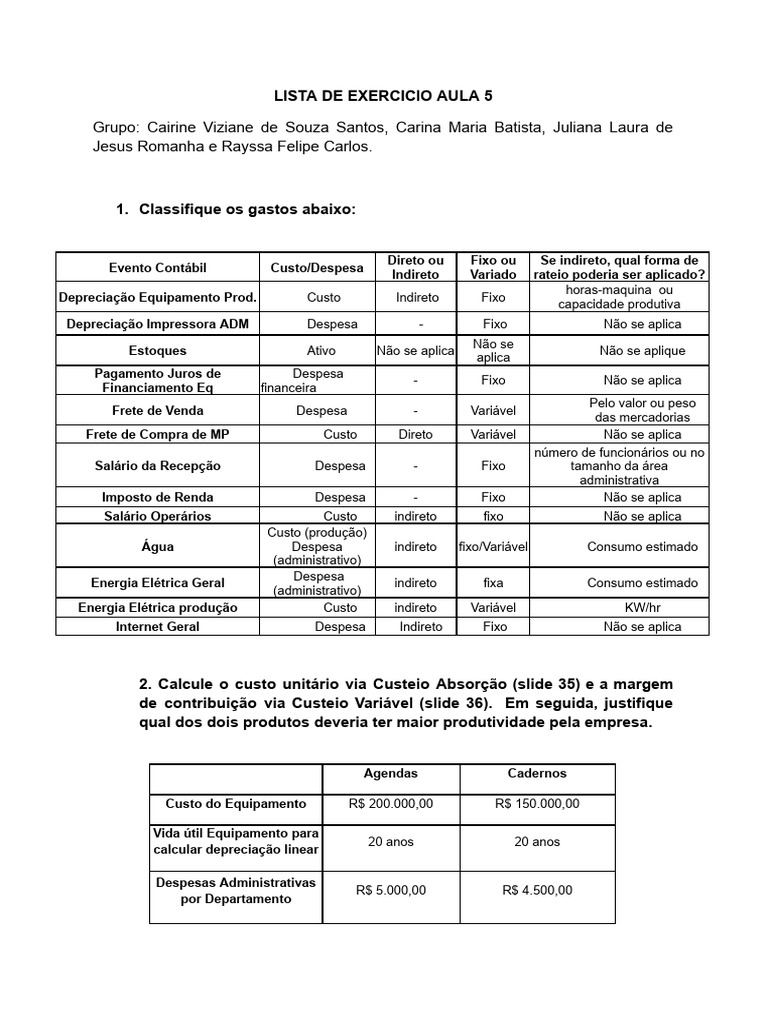 Lista de Exercicio Aula 5 | PDF | Contabilidade | Economias