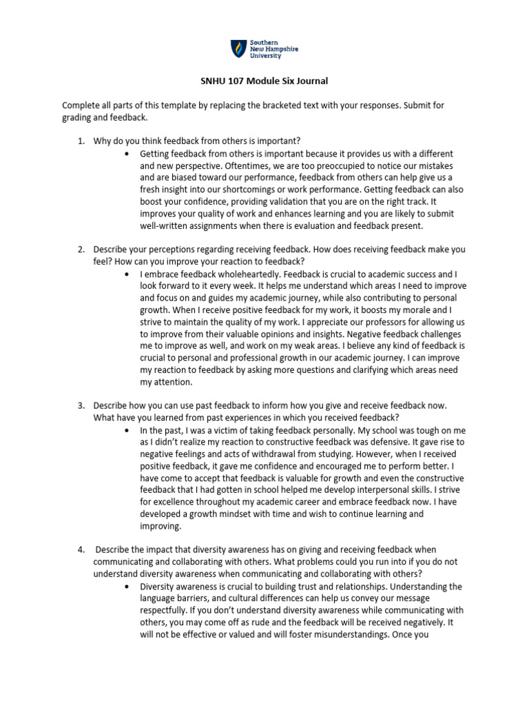 SNHU 107 Module Six Journal | PDF | Communication | Awareness