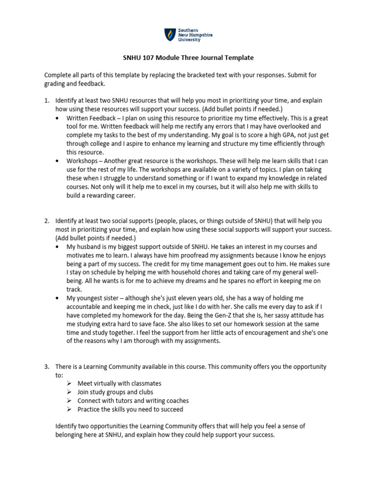 SNHU 107 Module Three Journal | PDF | Homework | Behavior Modification