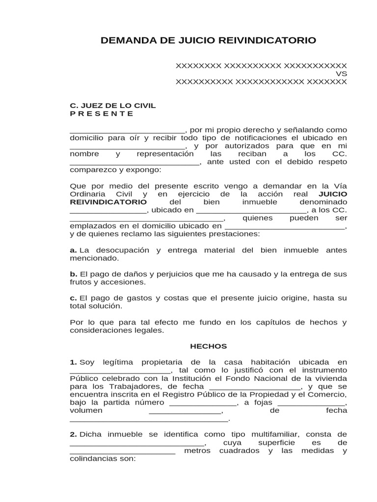 Juicio Reivindicatorio de Inmueble | PDF | Demanda judicial | Justicia