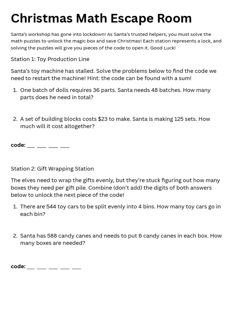 Christmas Math Escape Room | PDF