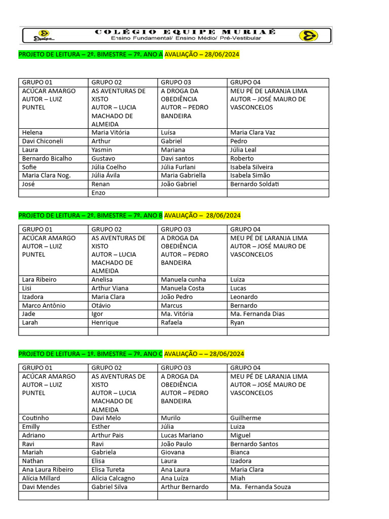 PROJETO DE LEITURA 2O. BIMESTRE 7,8 e 9 Anos | PDF